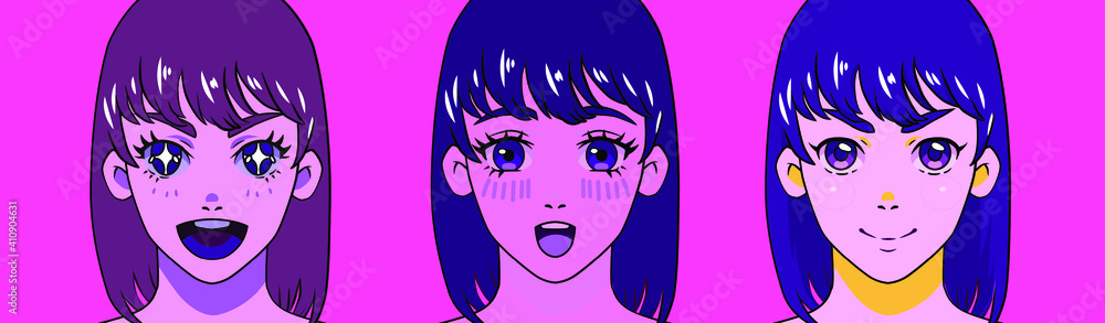 Set of anime female personages with different emotions. Cartoon cute ...