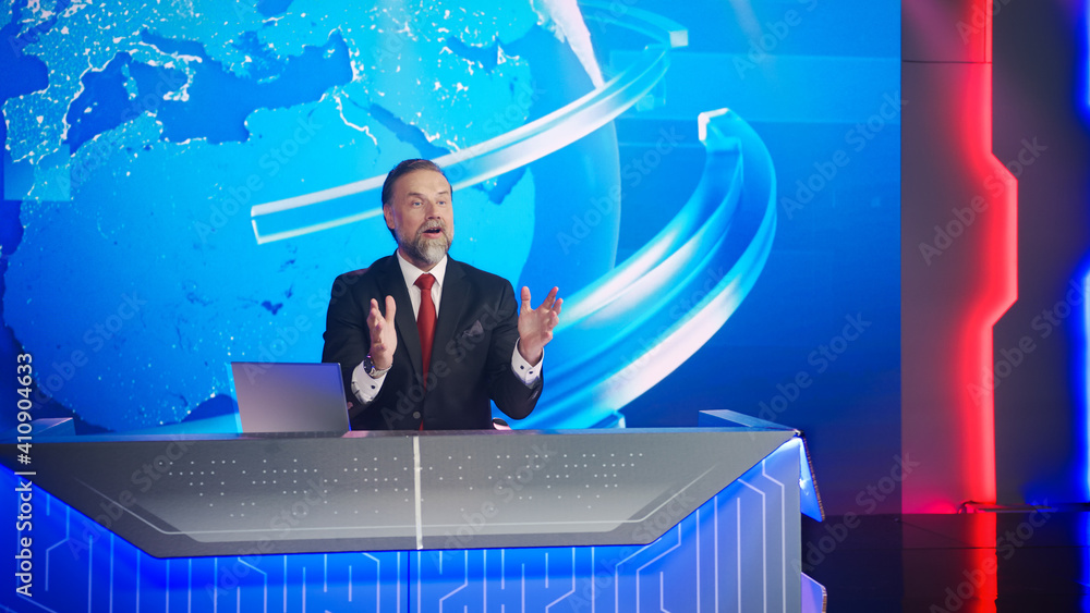 Live News Studio with Handsome Male Newscaster Reporting on the Events ...