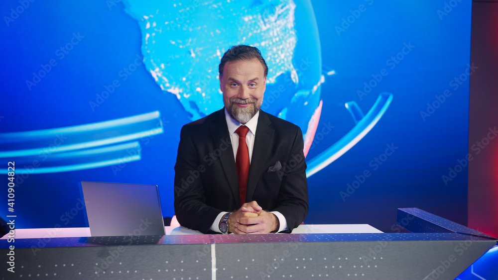 Live News Studio with Handsome Male Newscaster Reporting on a Story ...