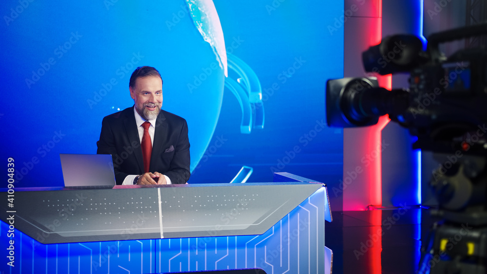 Live News Studio with Professional Male Newscaster Reporting on the ...