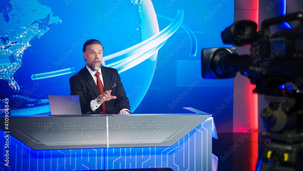 Live News Studio with Professional Male Newscaster Reporting on the ...