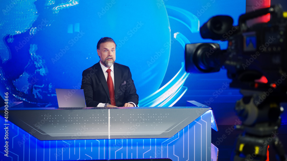 Live News Studio with Professional Male Newscaster Reporting on the ...