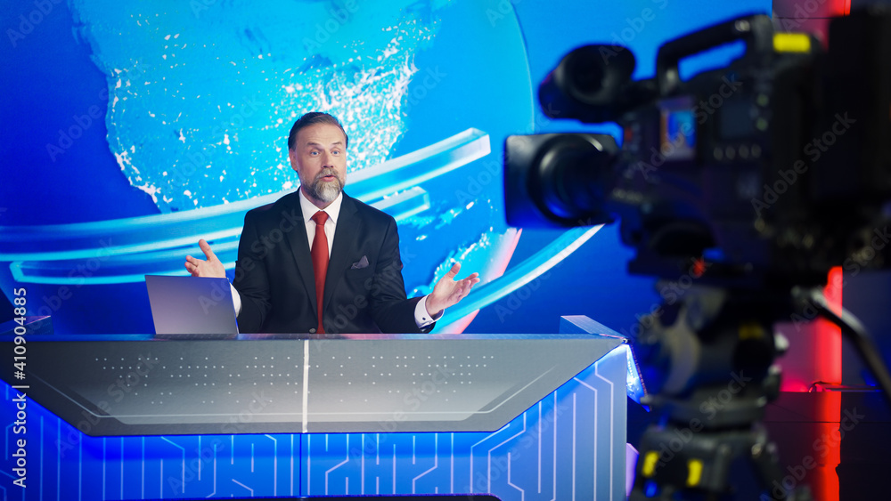Live News Studio with Professional Male Newscaster Reporting on the ...