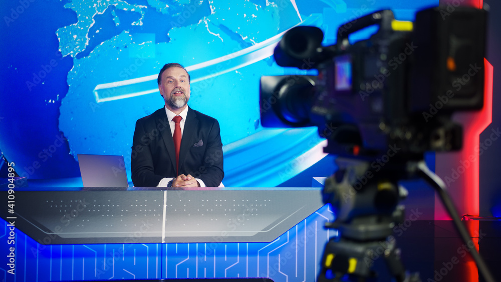 Live News Studio with Professional Male Newscaster Reporting on the ...
