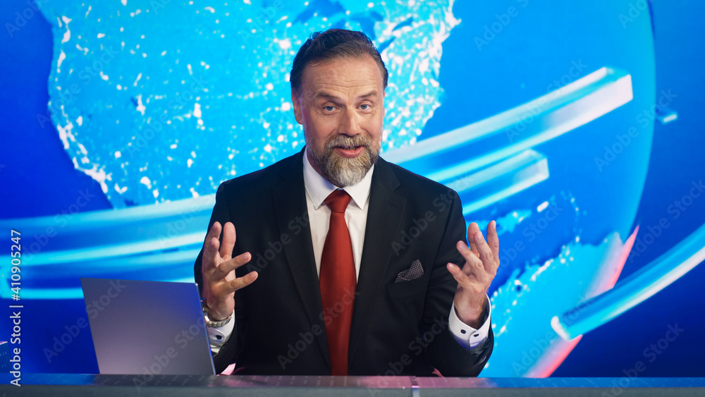 Live News Studio with Professional Male Newscaster Reporting on the ...