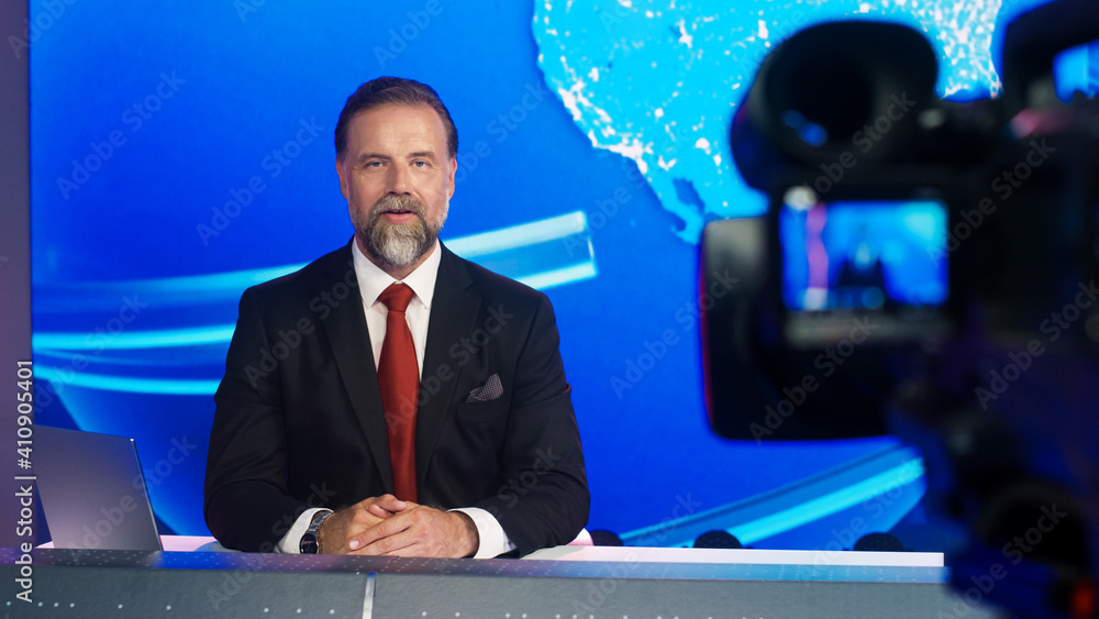 Live News Studio with Professional Anchor Reporting on the Events of ...