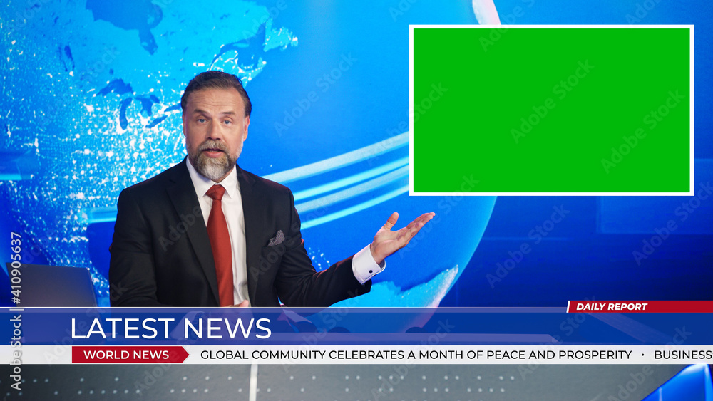 Live News Studio with Handsome Male Anchor Reporting on a Story, Uses ...