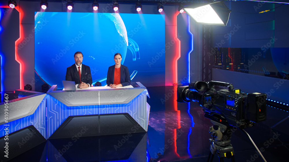 Live News Studio with Beautiful Female and Handsome Man Anchors Start ...