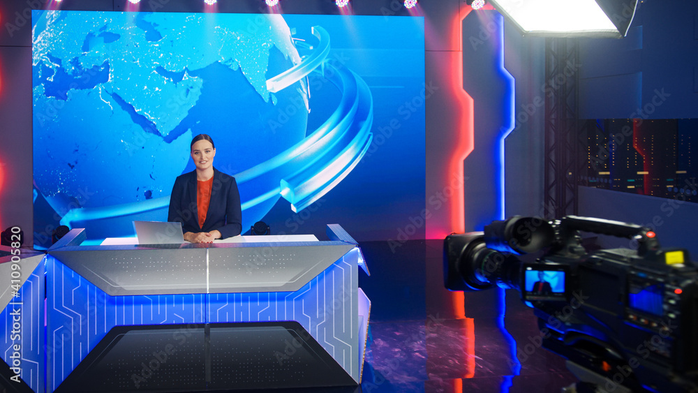 Live News Studio with Beautiful Female Anchor Reporting on the Events ...
