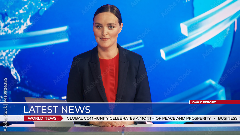 Live News Studio with Professional Female Newscaster Reporting on the ...