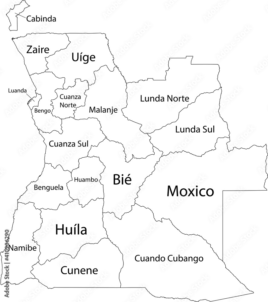 White vector map of Angola with black borders and names of it's ...
