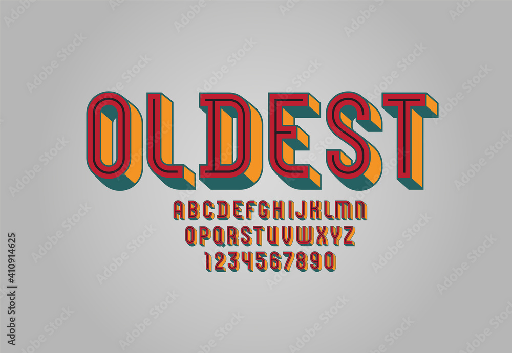 3D Font from old color, alphabet with dark line, condensed letters and ...