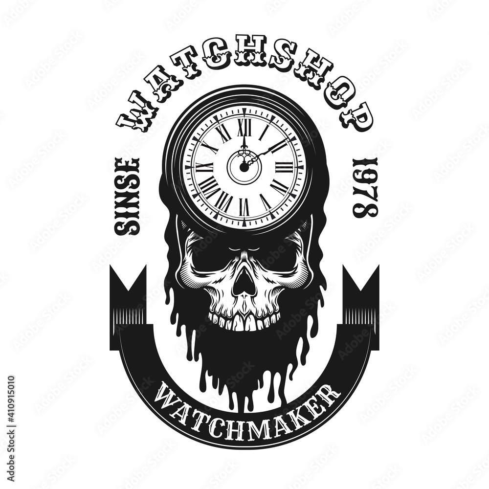 Vintage watchshop emblem design. Monochrome element with skull and ...