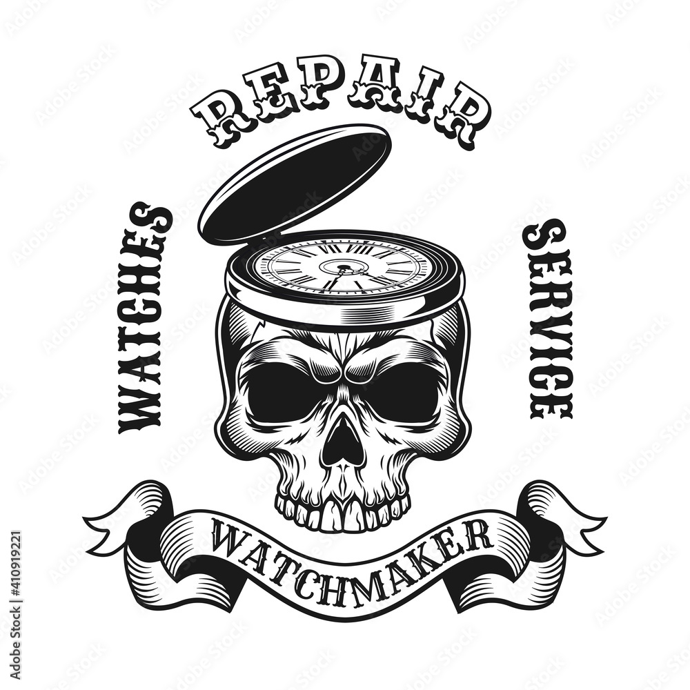 Watchmaker emblem design. Monochrome element with skull and open ...