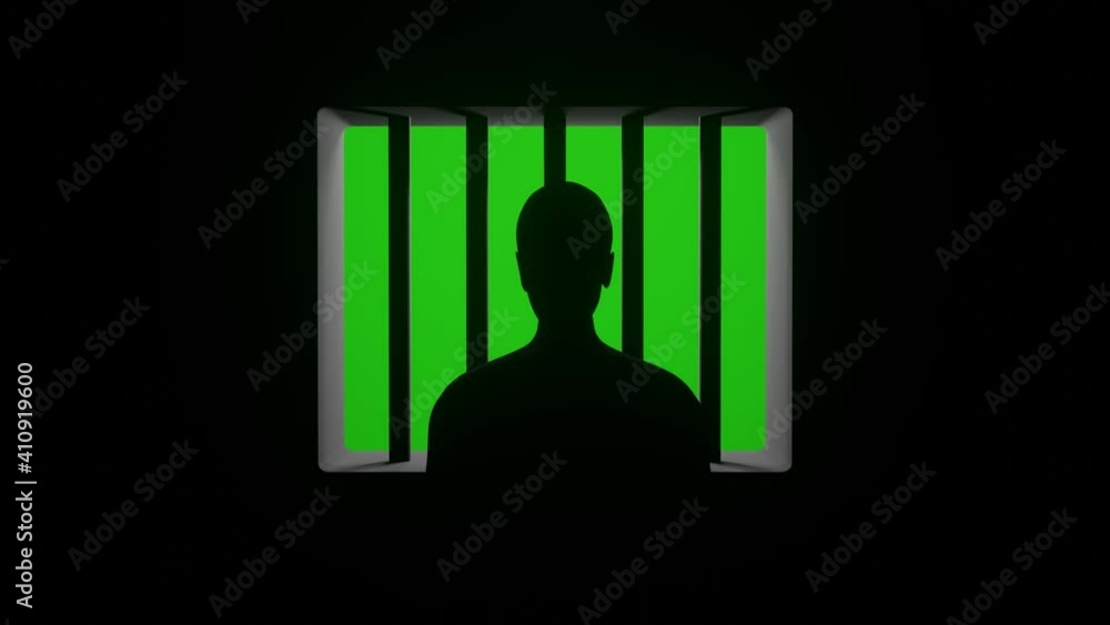 Man behind prison bars with green screen view outside. 3d rendering ...