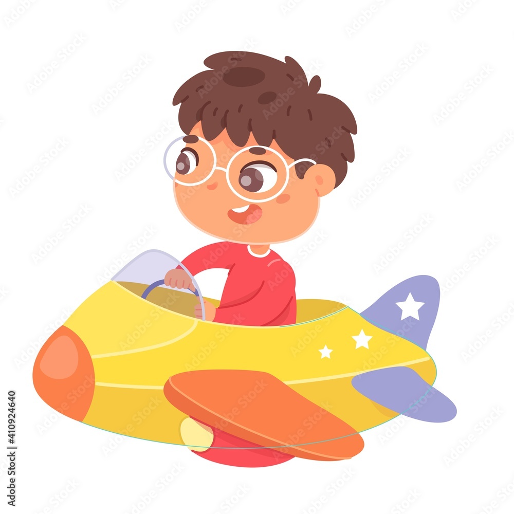 Boy riding in amusement park in plane carousel. Happy child sitting in ...