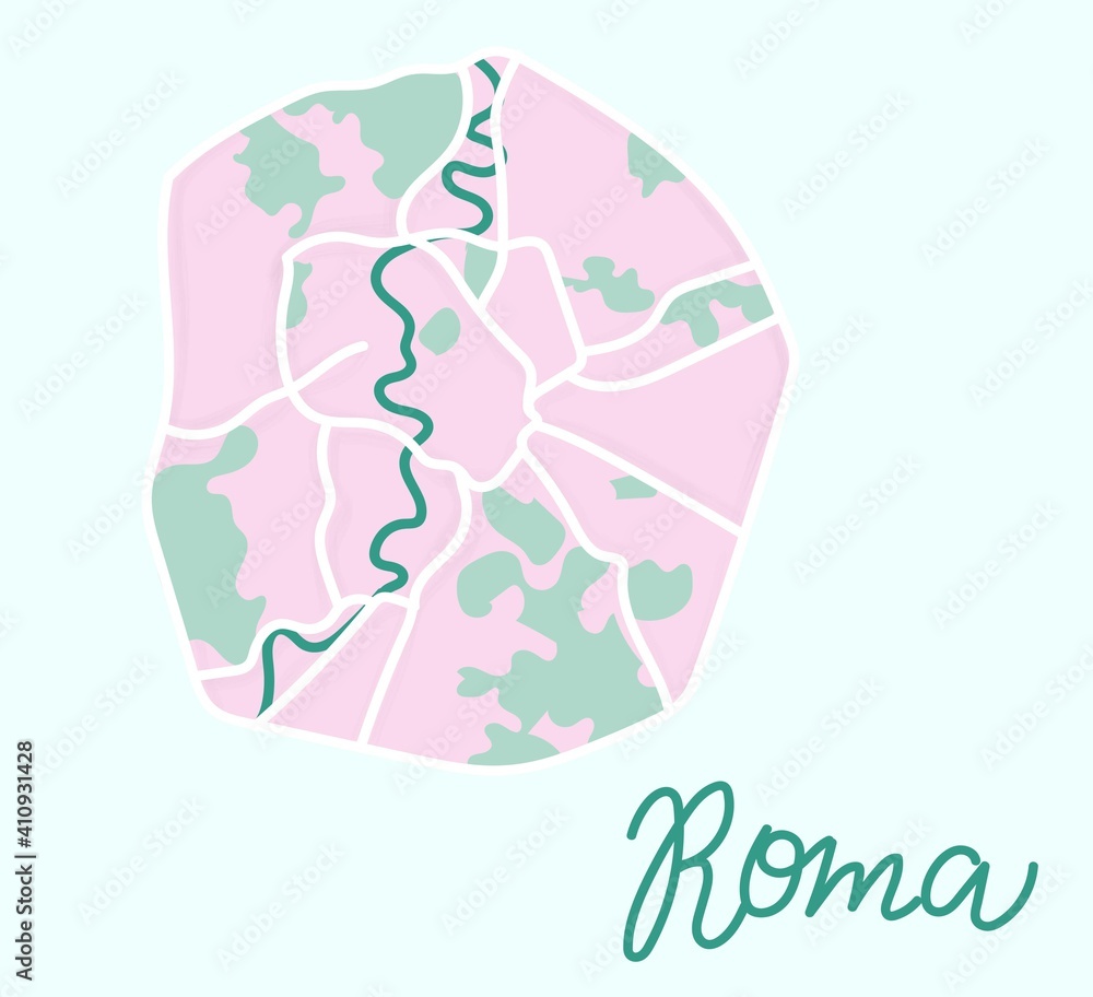 Cartoon flat map of the center of the Rome. Tiber river is dark green ...