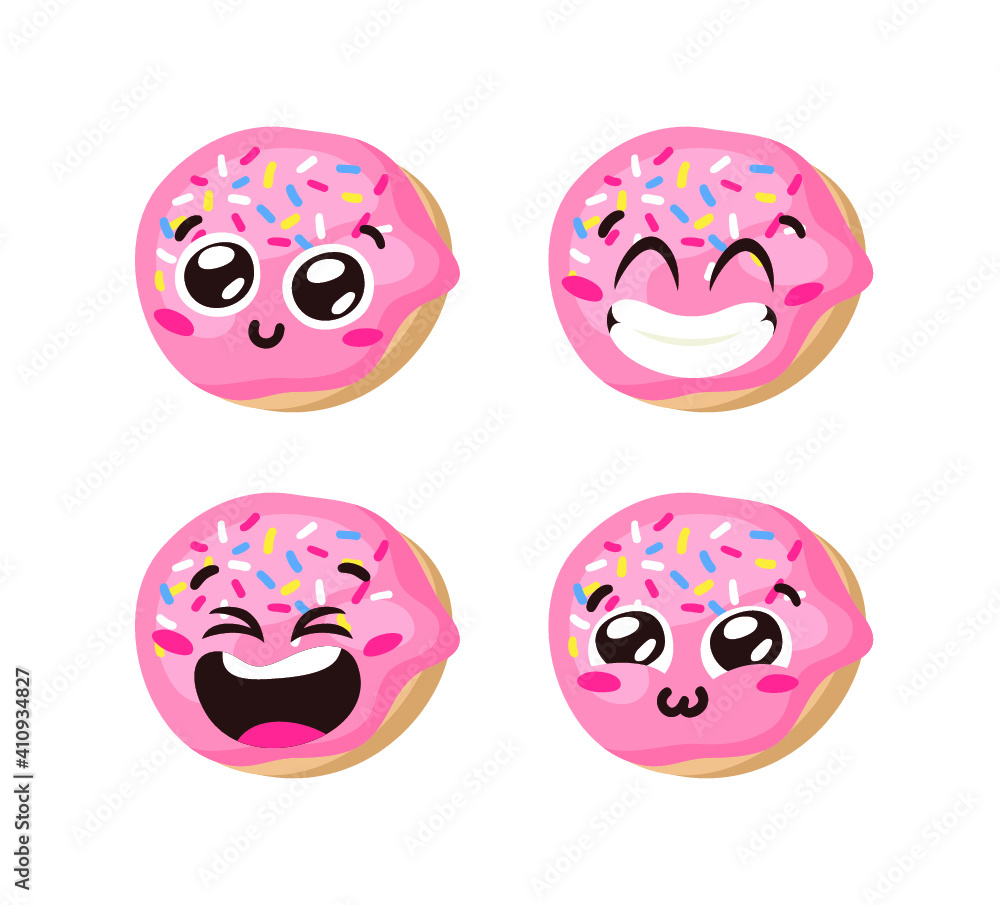 Hand Drawn Cartoon Illustration Donut Emoji. Fast Food Vector Drawing Sweet Emoticon. Tasty ...
