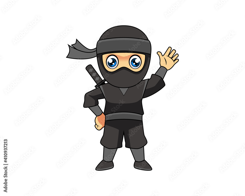 ninja kid cartoon character waving hand Stock Vector | Adobe Stock