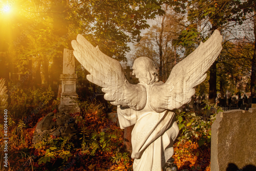 Death. Angel as symbol of pain, fear and end of life. Antique stone ...