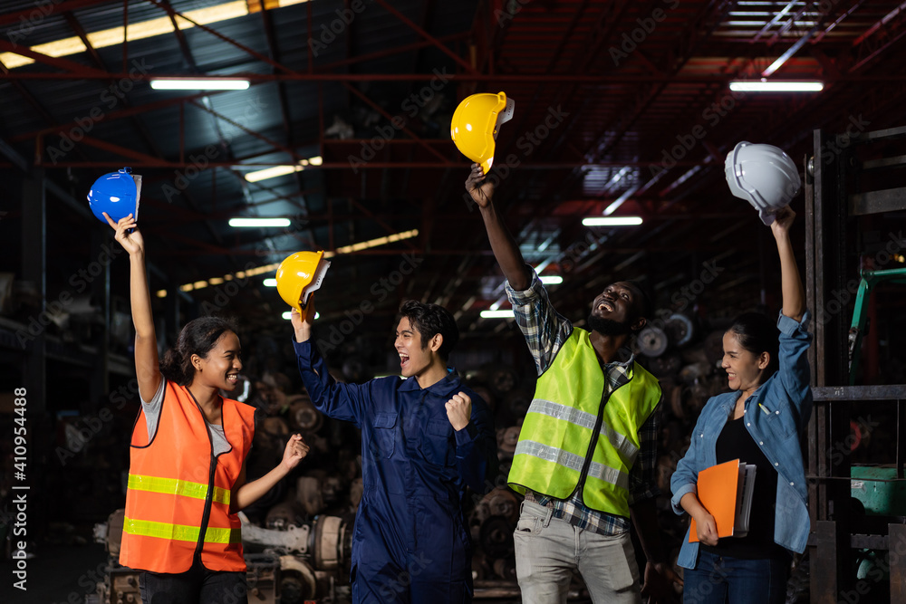 successful of group of diversity factory worker greeting about work at ...