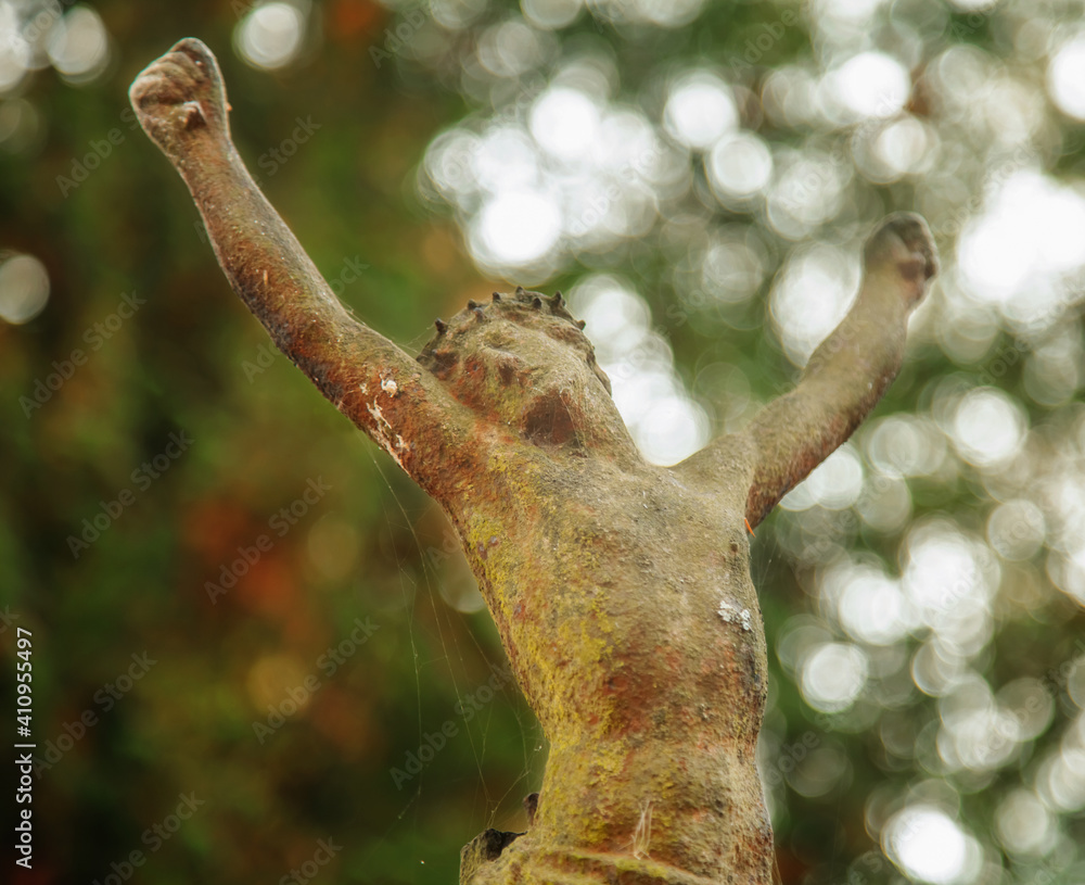 Crucifixion of Jesus Christ. Partially destroyed ancient statue. Faith ...