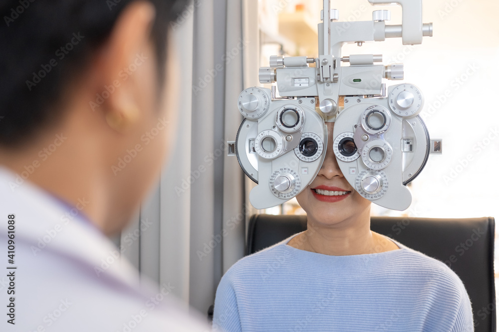 Selective focus at Optometry frame equipment. While doctor using ...