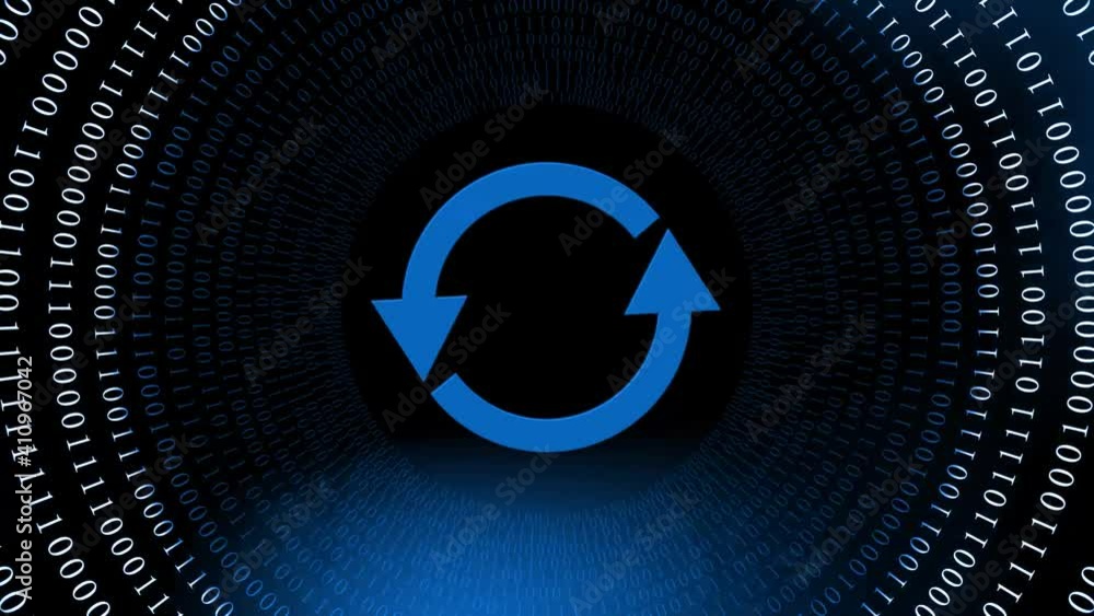 Abstract motion background - rotating update sign in pulsating rings of binary code in white ...