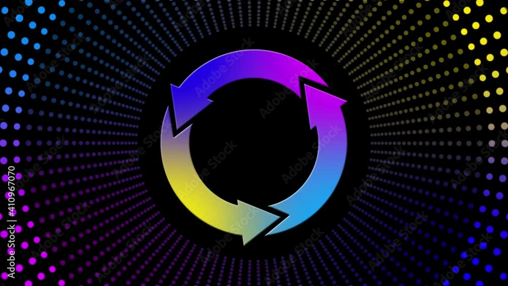 Abstract motion background in 4K - rotating update sign in pulsating rings of multicolor dots ...