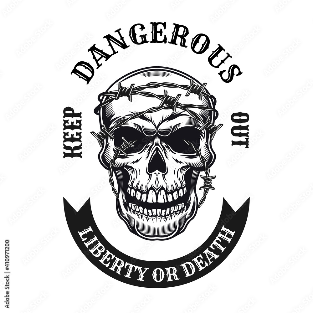 Dangerous zone tattoo design. Monochrome element with skull and barbed ...