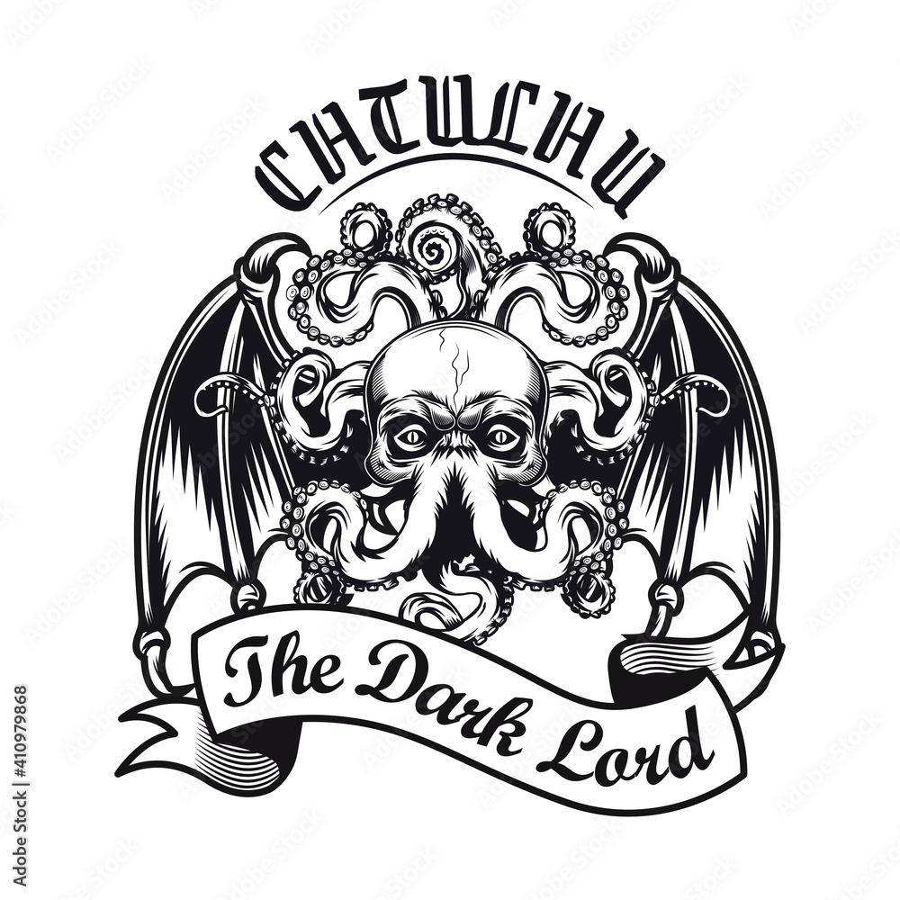 Retro emblem with Cthulhu head vector illustration. Black sign or ...