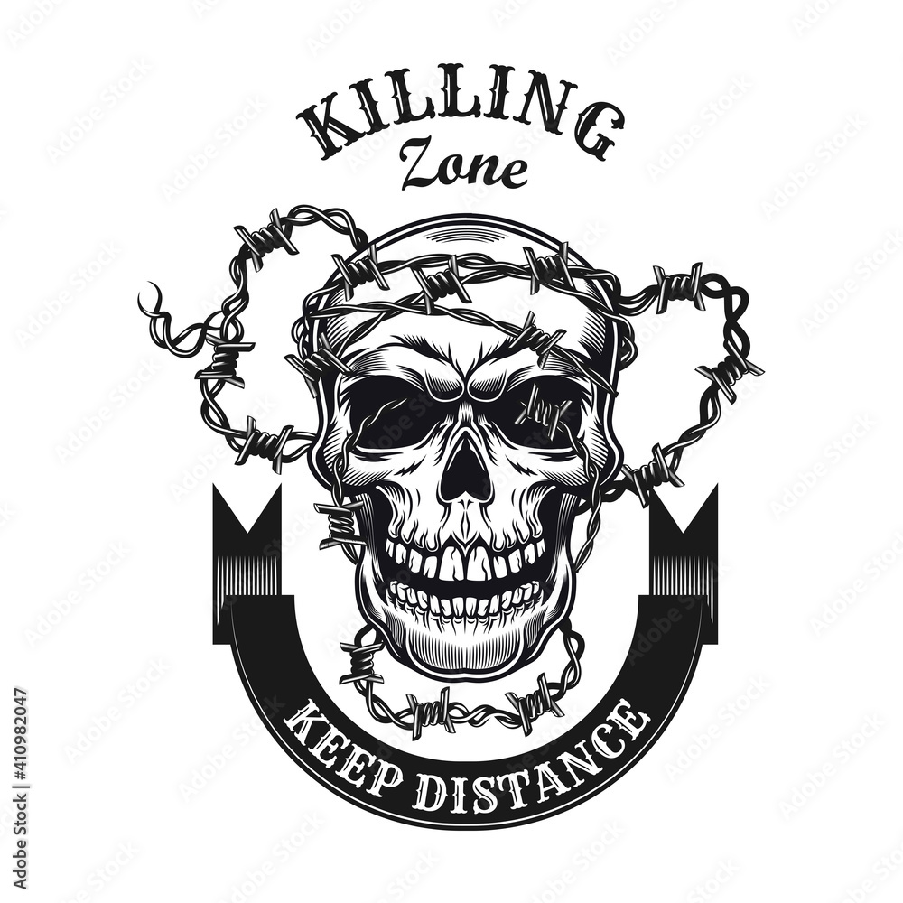 Killing zone tattoo design. Monochrome element with skull and barbed ...
