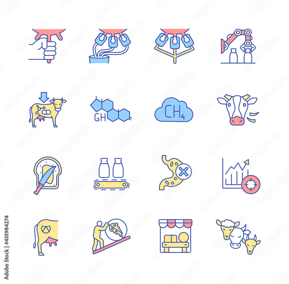 Dairy industry and cheese production RGB color icons set. Hand milking ...