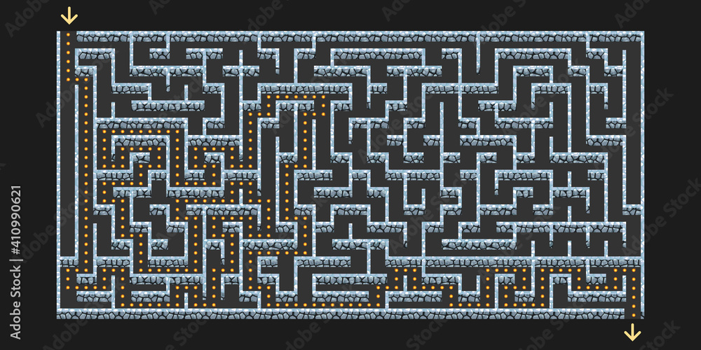 3D Maze, Labyrinth with stone walls and solution way. Game level design ...
