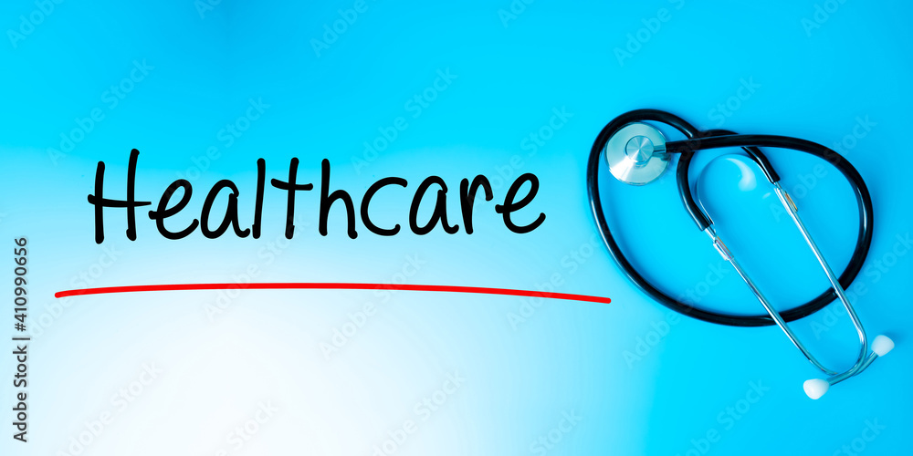 Healthcare Sign.Text underline with red line. Isolated on blue ...