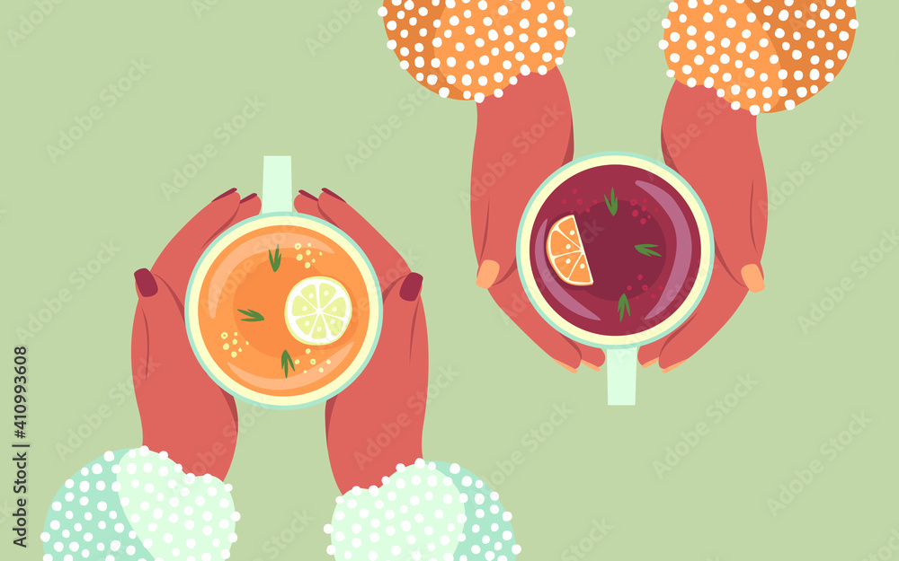 Vector cartoon illustration of two pairs of friends hands drinking ...