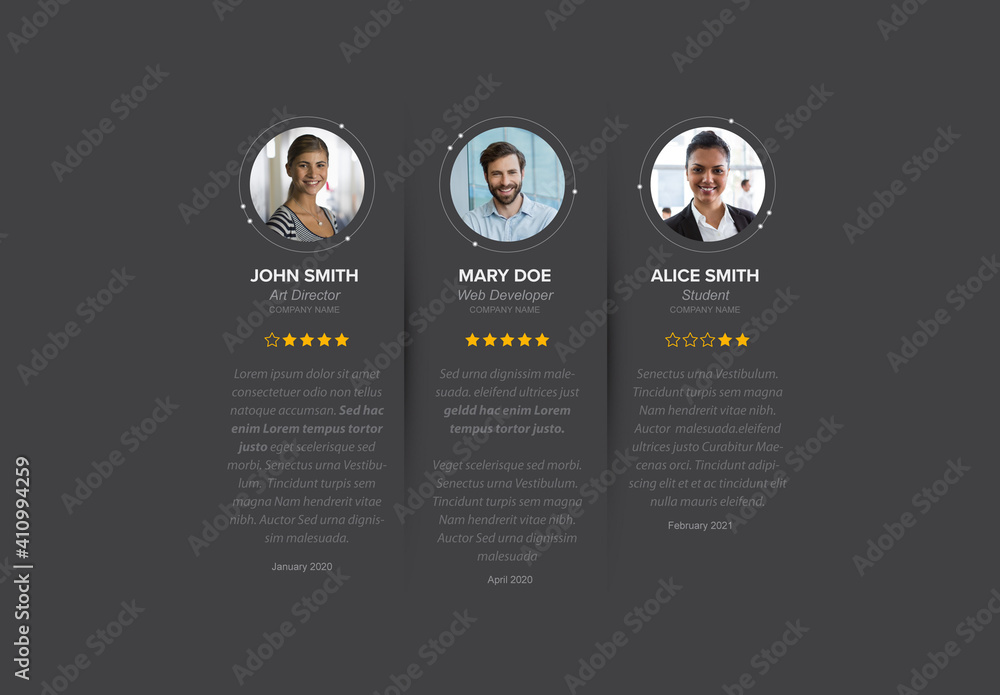 Dark Testimonials Review Section Layout Stock Template | Adobe Stock