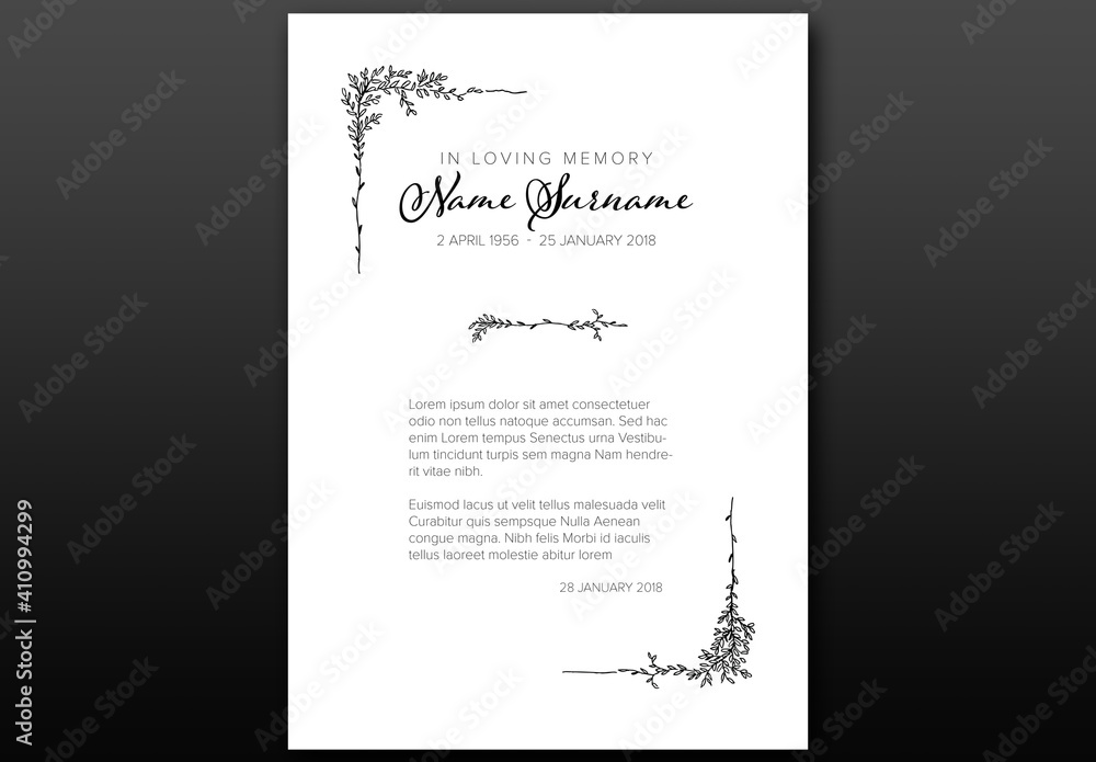Funeral Death Notice Condolence Card Layout with Floral Elements Stock ...
