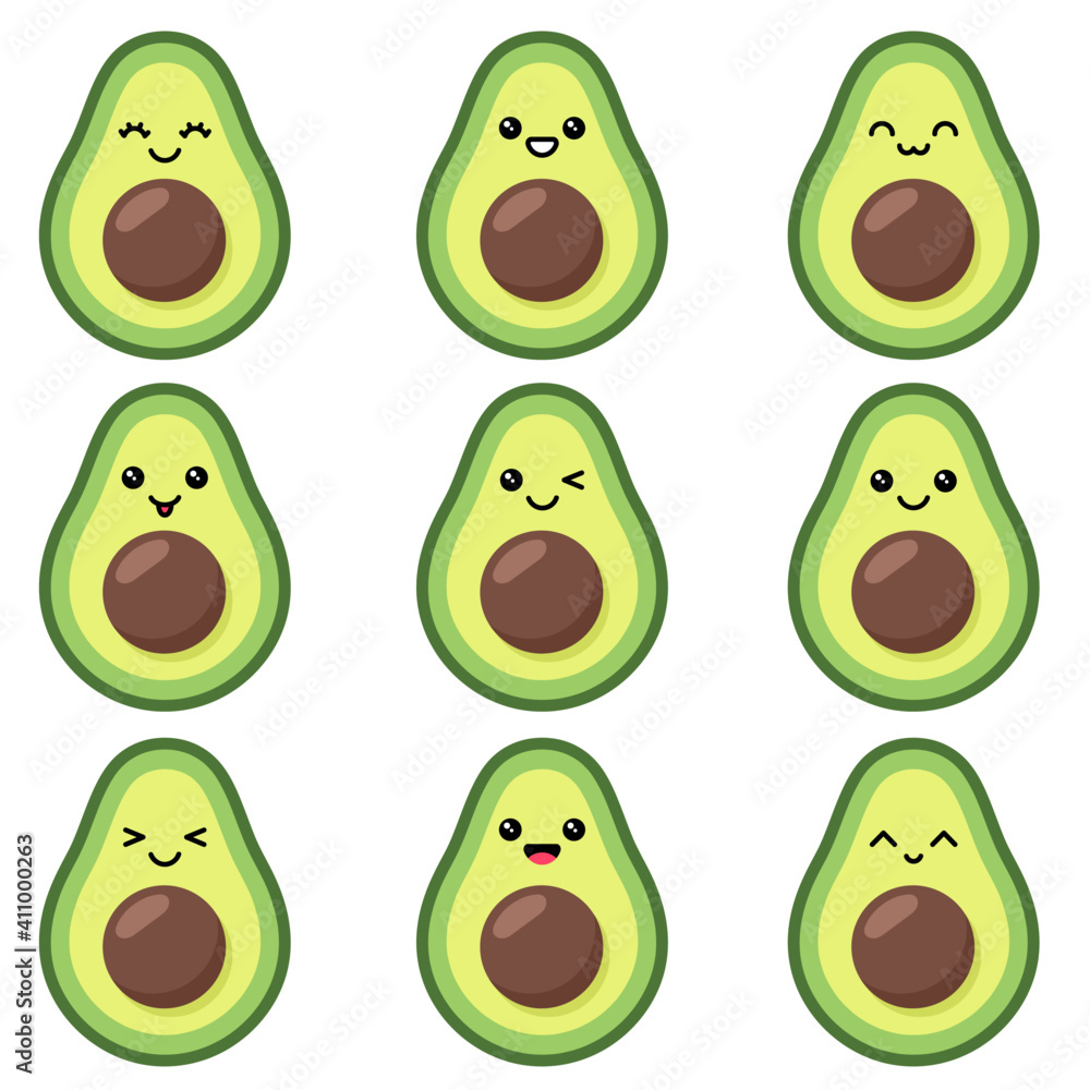 Kawaii cute avocado set with emotions isolated on white vector de Stock ...