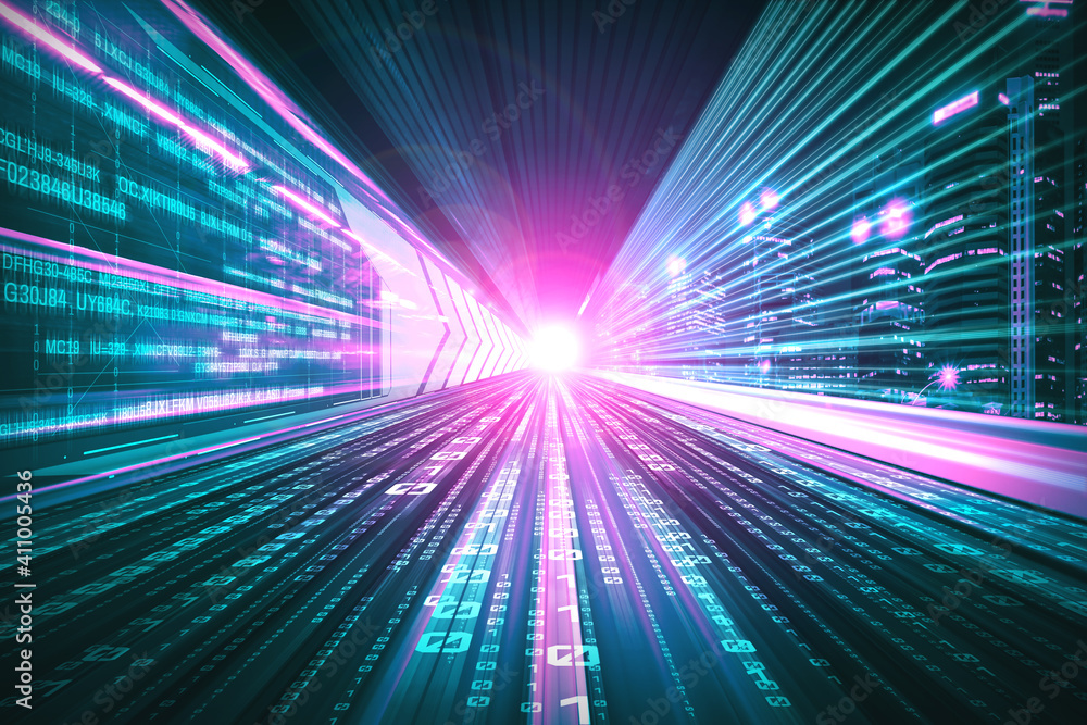 Foto de Digital data flow on road with motion blur to create vision of ...
