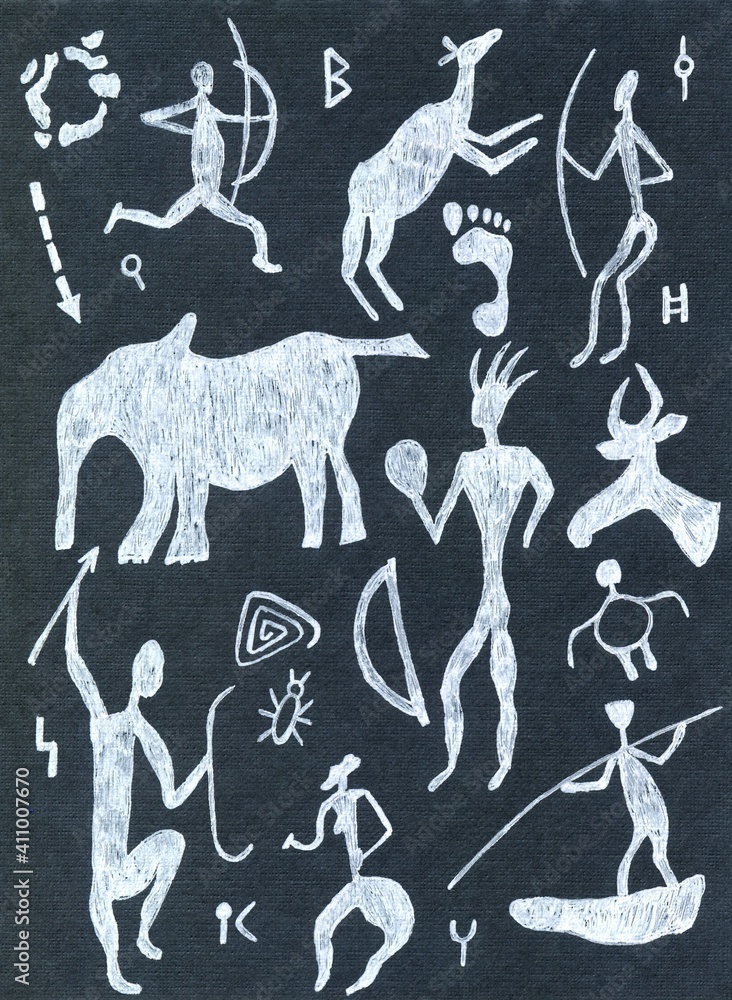 graphic primitive rock paintings of animals, people, hunters, elephants ...