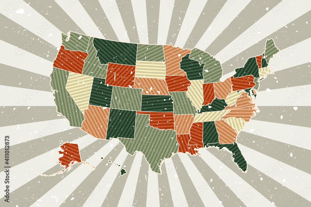 USA vintage map. Grunge poster with map of the country in retro color ...