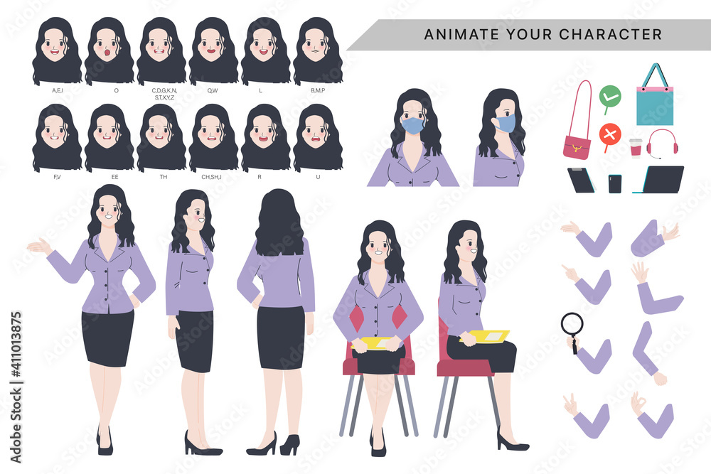 Character for woman character animated with emotions face and animation ...