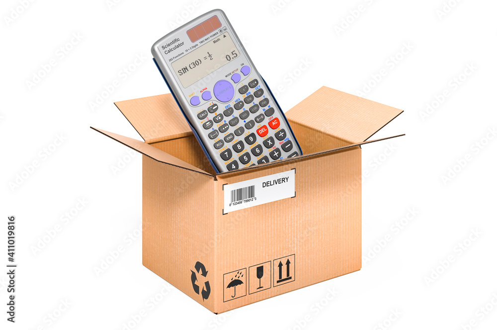 Scientific calculator inside cardboard box, delivery concept. 3D ...