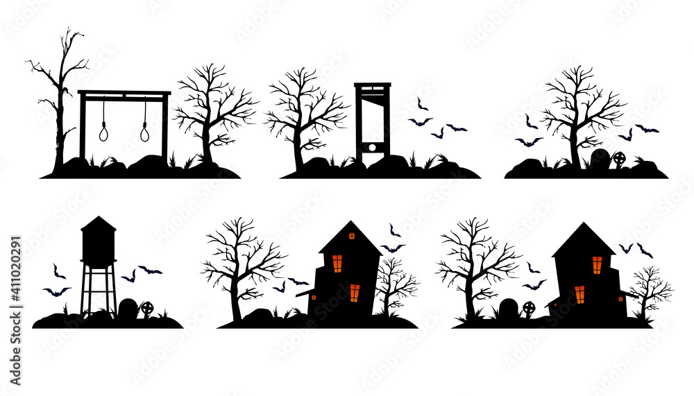 Silhouette of scary houses, gallows, tombstones on a white background ...