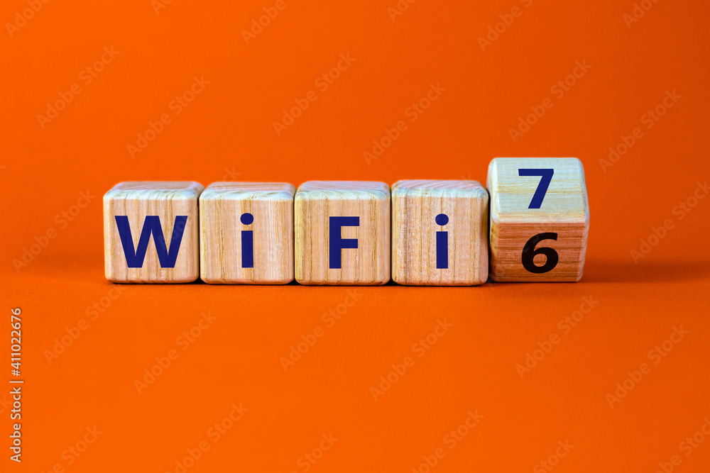 WiFi 6 or 7 symbol. Turned a wooden cube and changed the words WiFi 6 ...