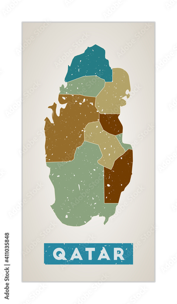 Qatar map. Country poster with regions. Old grunge texture. Shape of ...