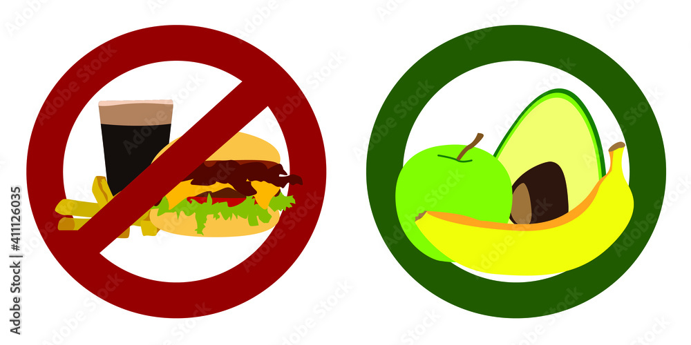 No unhealthy, hamburger, fries, fast food, soda. Yes healthy, avocado ...