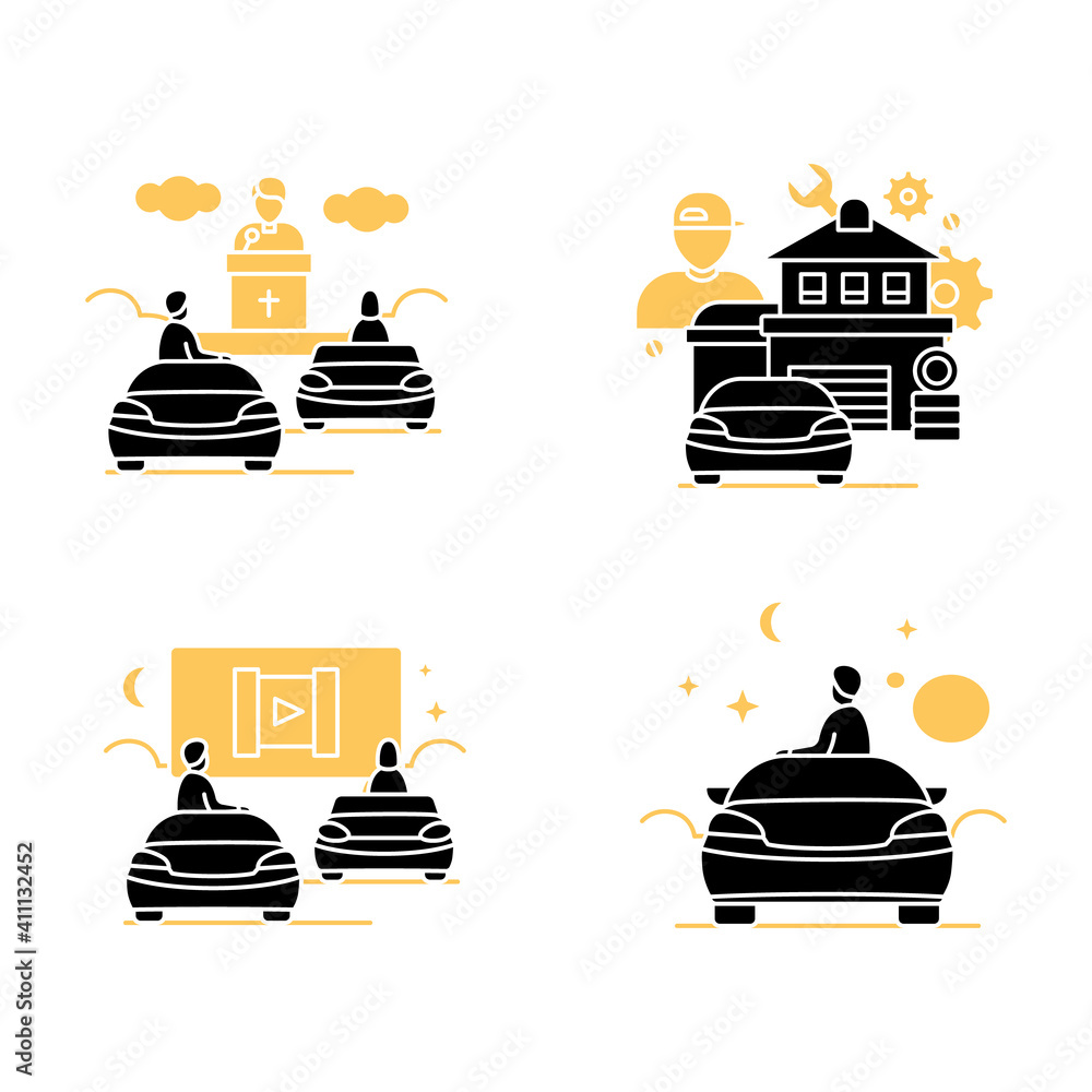 Getaway car glyph icons set. Relax and travel by automobile concept ...