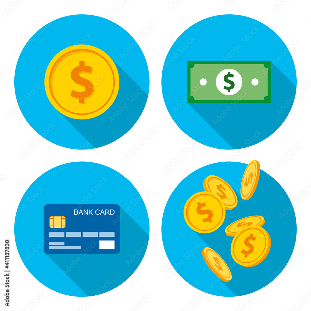 Set of 2D and 3D icons in a circle. Money, gold coins, green dollars ...